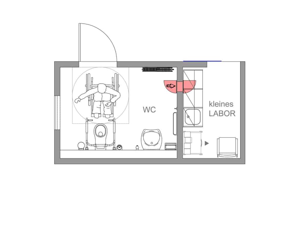 Planungsbeispiele |>| Durchreiche vom WC ins Praxislabor